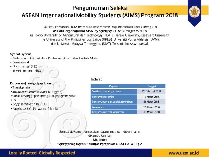Pengumuman Seleksi ASEAN International Mobility Students (AIMS) Program 2018 – Fakultas Pertanian